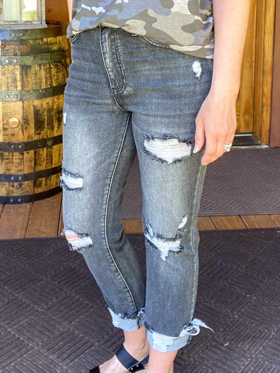 Risen High Rise Dark Wash Frayed Cuff Ankle Straight Leg